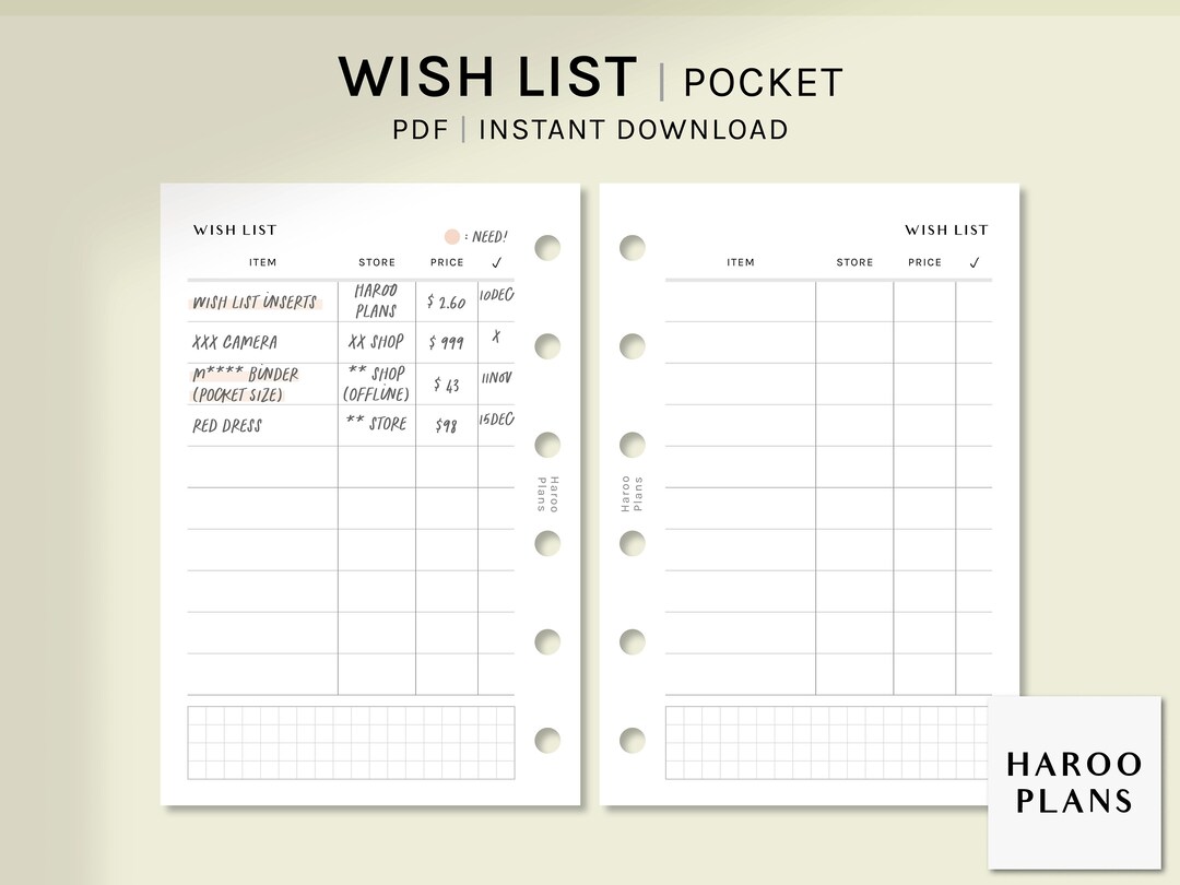 Wish List | Pocket Printable Planner Inserts | Wishlist Template ...