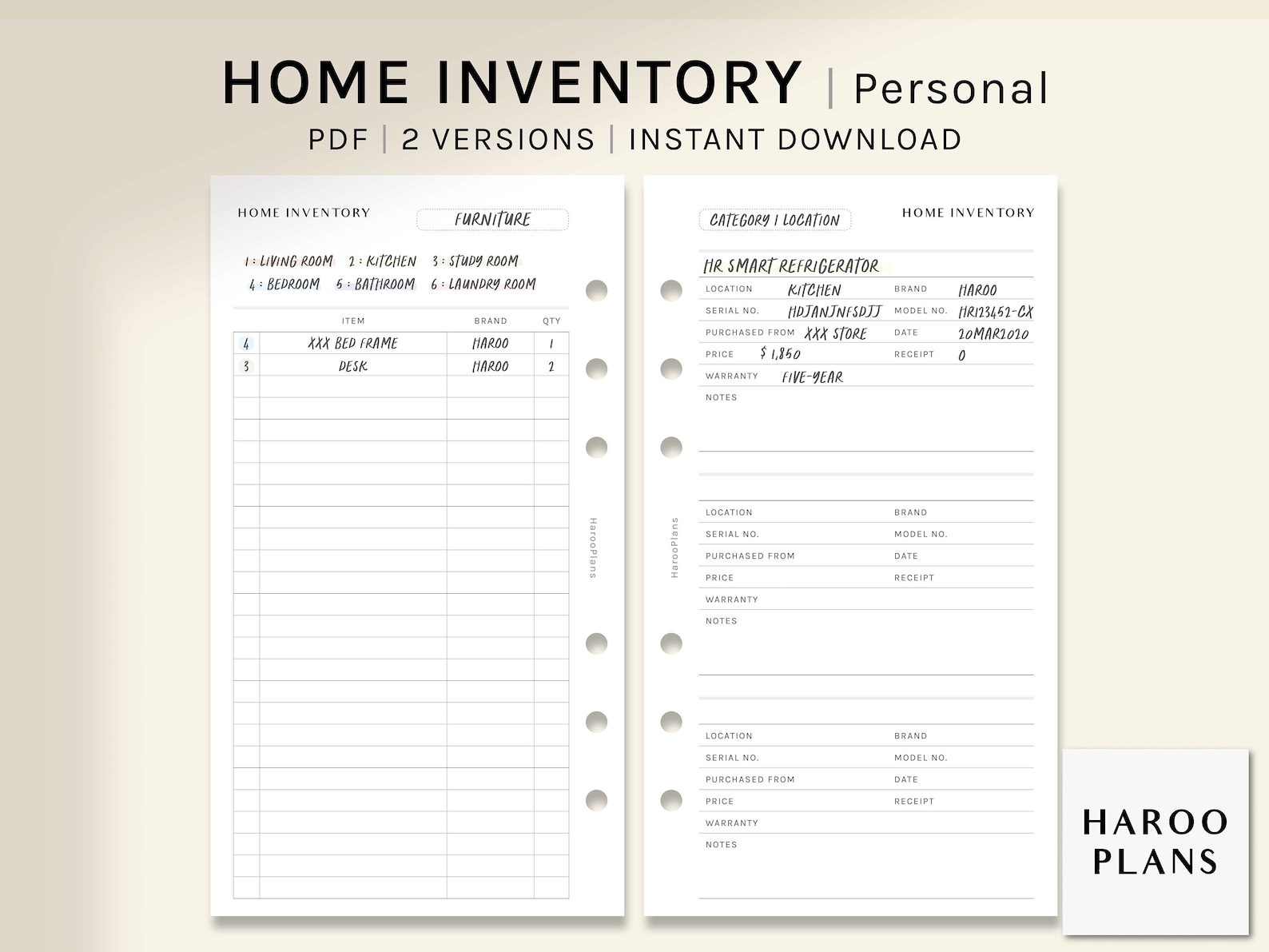 Home Inventory | Personal Size Printable Planner Inserts | Household ...