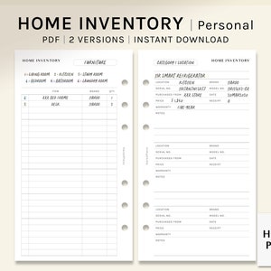 Home Inventory | Personal Size Printable Planner Inserts | Household ...