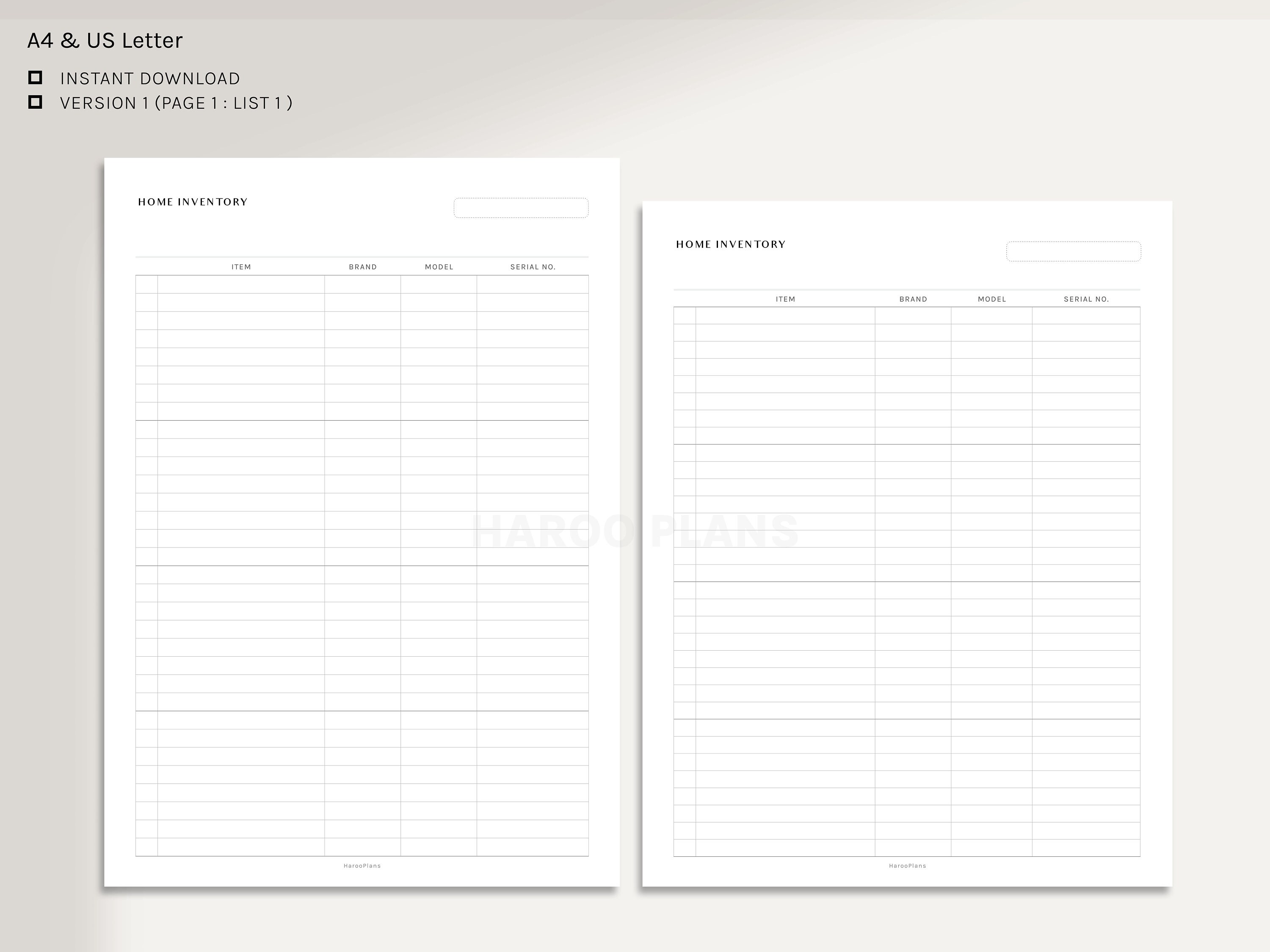 Home Inventory | A4, US Letter Printable Planner Inserts | Household ...