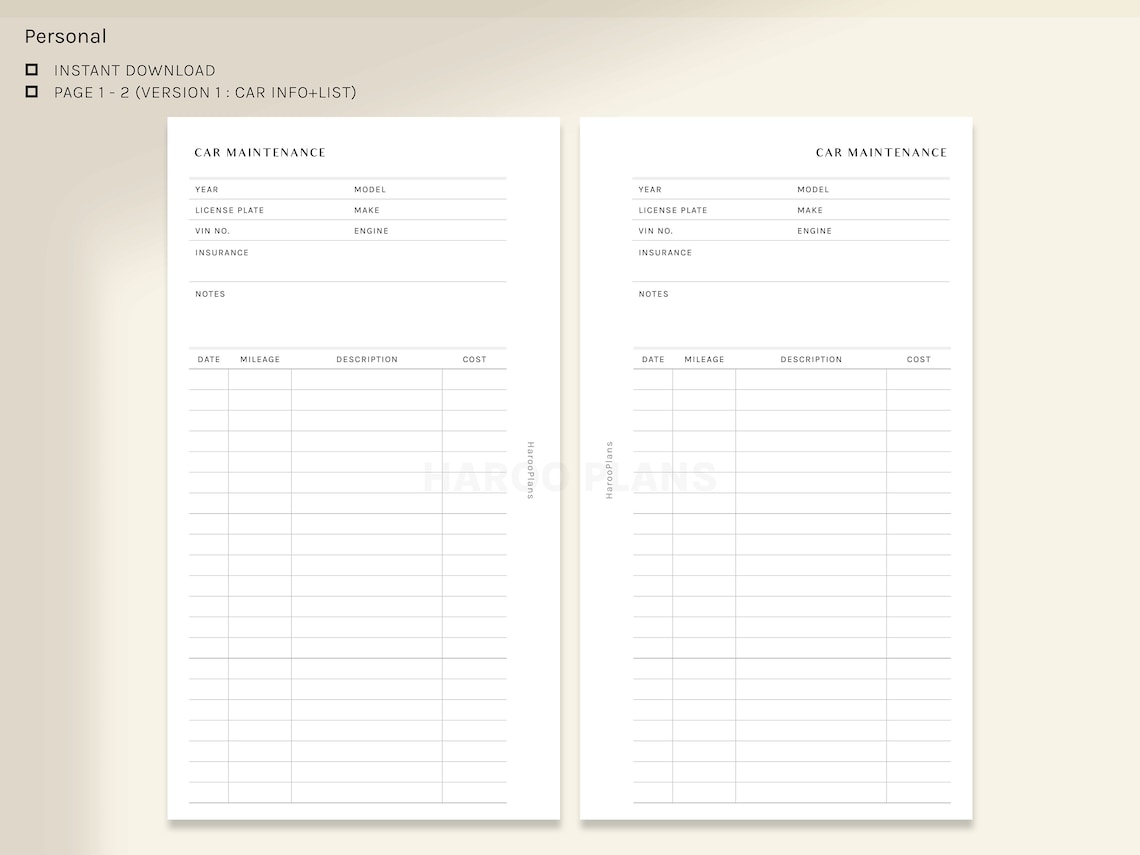 Car Maintenance Personal Size Printable Planner Inserts - Etsy