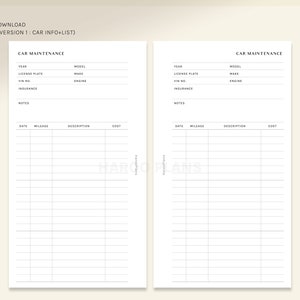 Car Maintenance | Personal Size Printable Planner Inserts | Auto Repair ...