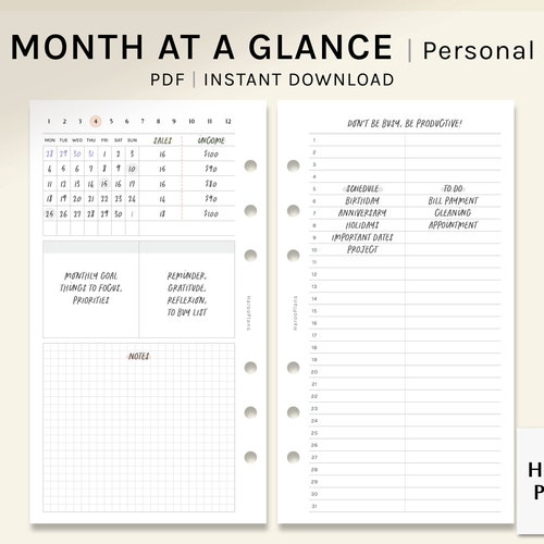 Monthly Tracker Personal Wide Printable Planner Inserts - Etsy