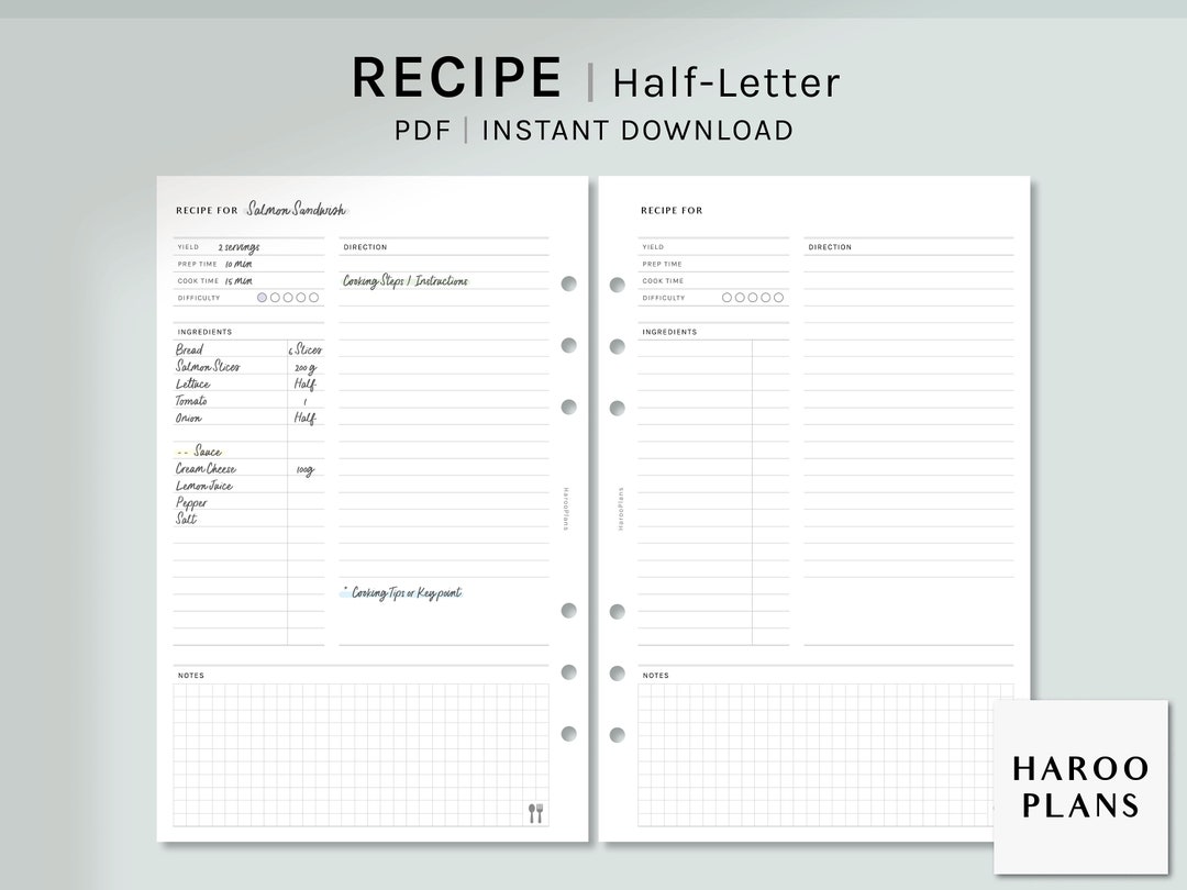 Recipe Sheet | Half-letter Printable Planner Inserts | Blank Cook Book ...