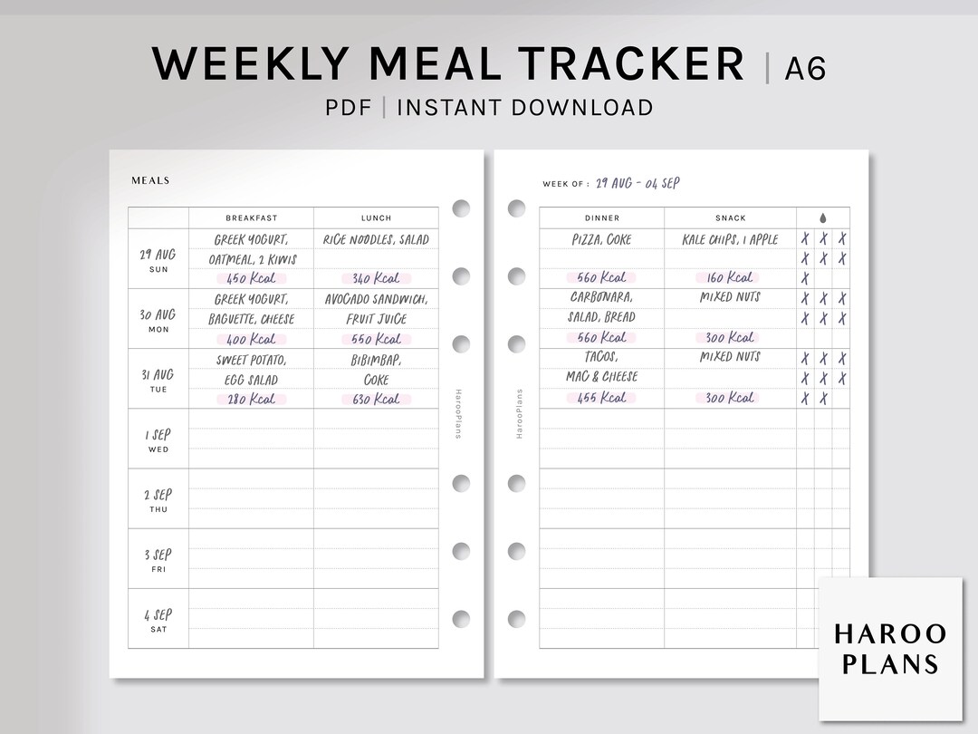 Weekly Meal Tracker | A6 Printable Planner Inserts | Food Log Template ...