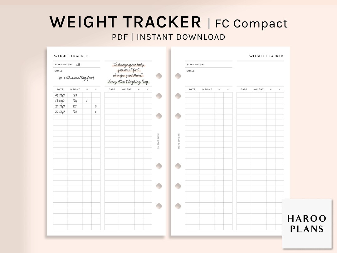 Weight Tracker | FC Compact Printable Planner Inserts | Diet Weight Loss Log | Simple Fitness ...