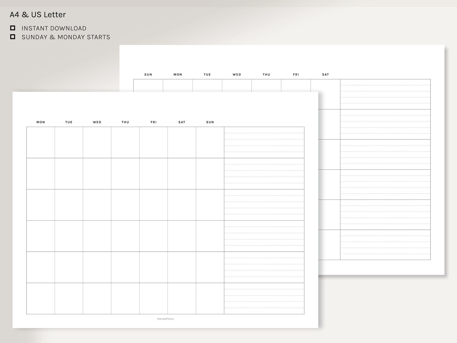 Undated Monthly Planner A4, US Letter Size Printable Planner Horizontal ...