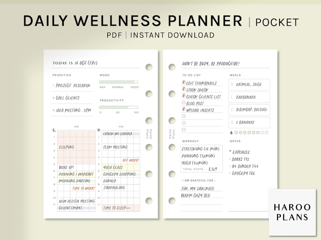 Daily Wellness Planner | Pocket Size Printable Inserts | Day Schedule ...