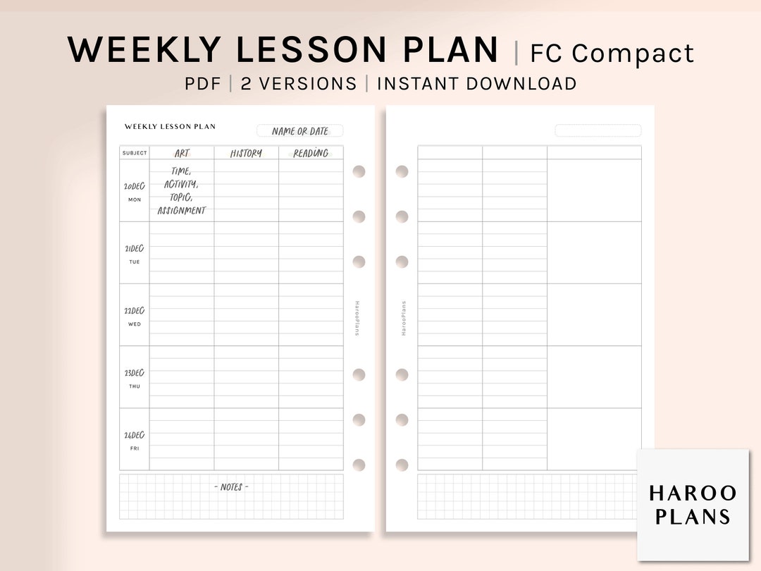 Weekly Lesson Planner | FC Compact Printable Inserts | Homeschool ...