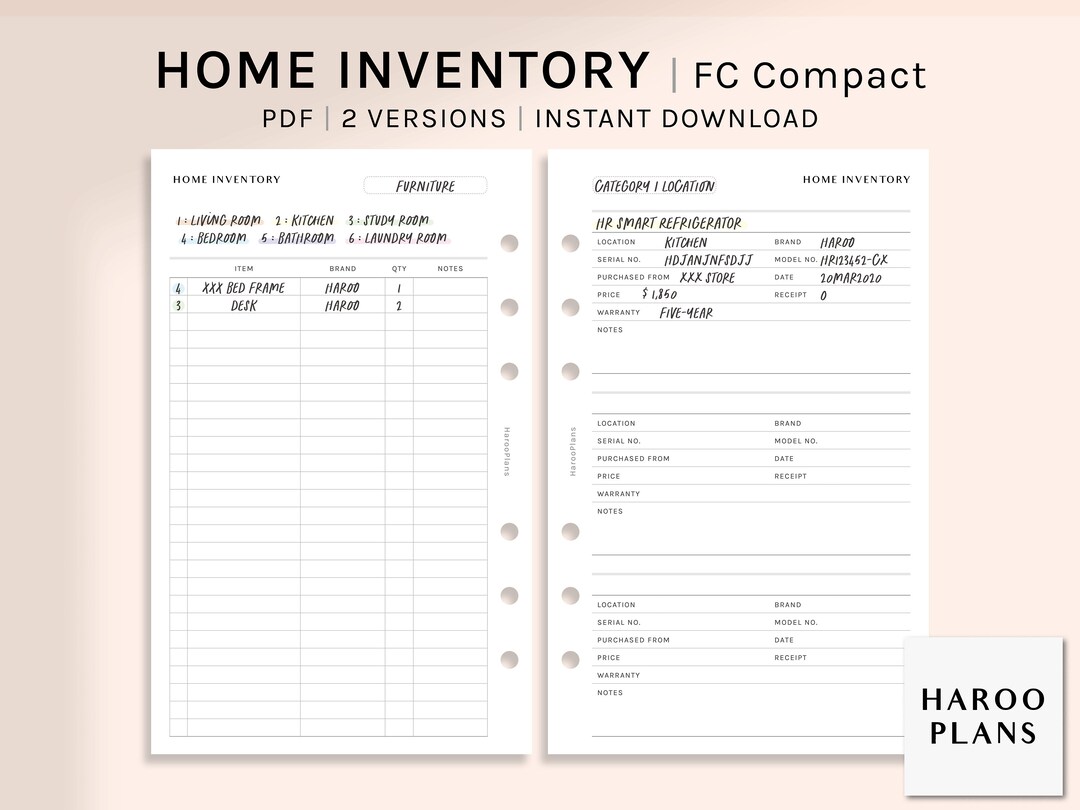 Home Inventory | FC Compact Printable Planner Inserts | Household ...