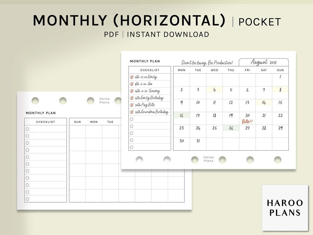 Monthly Planner | Pocket Size Printable Inserts | MO1P Horizontal ...