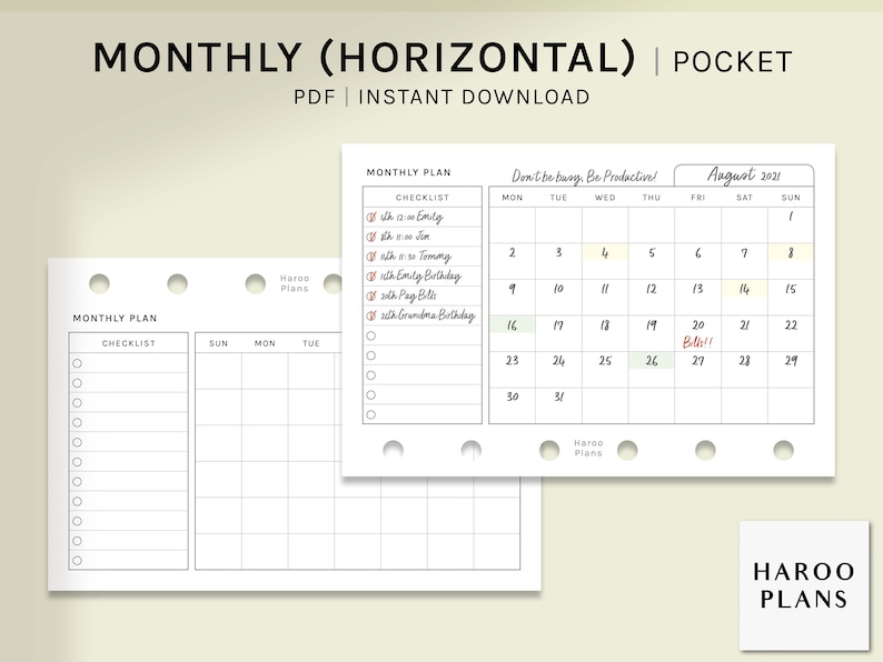 Monthly Planner Pocket Size Printable Inserts MO1P - Etsy