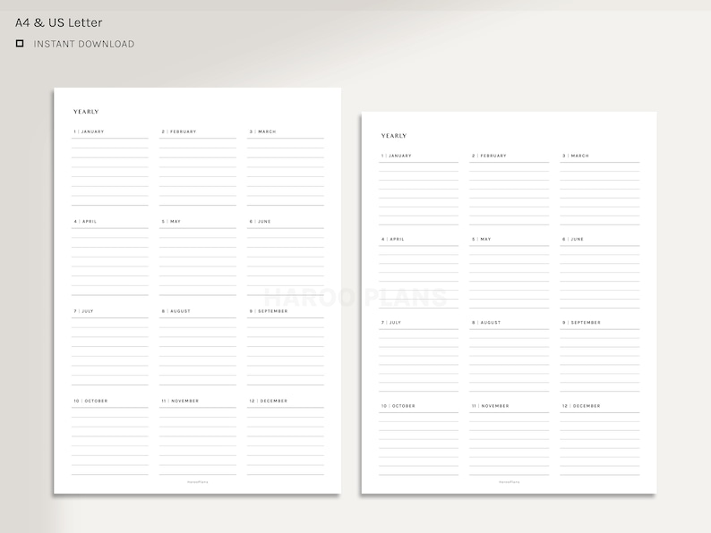 Yearly Planner | A4, US Letter Printable Inserts | Undated Year Goal ...