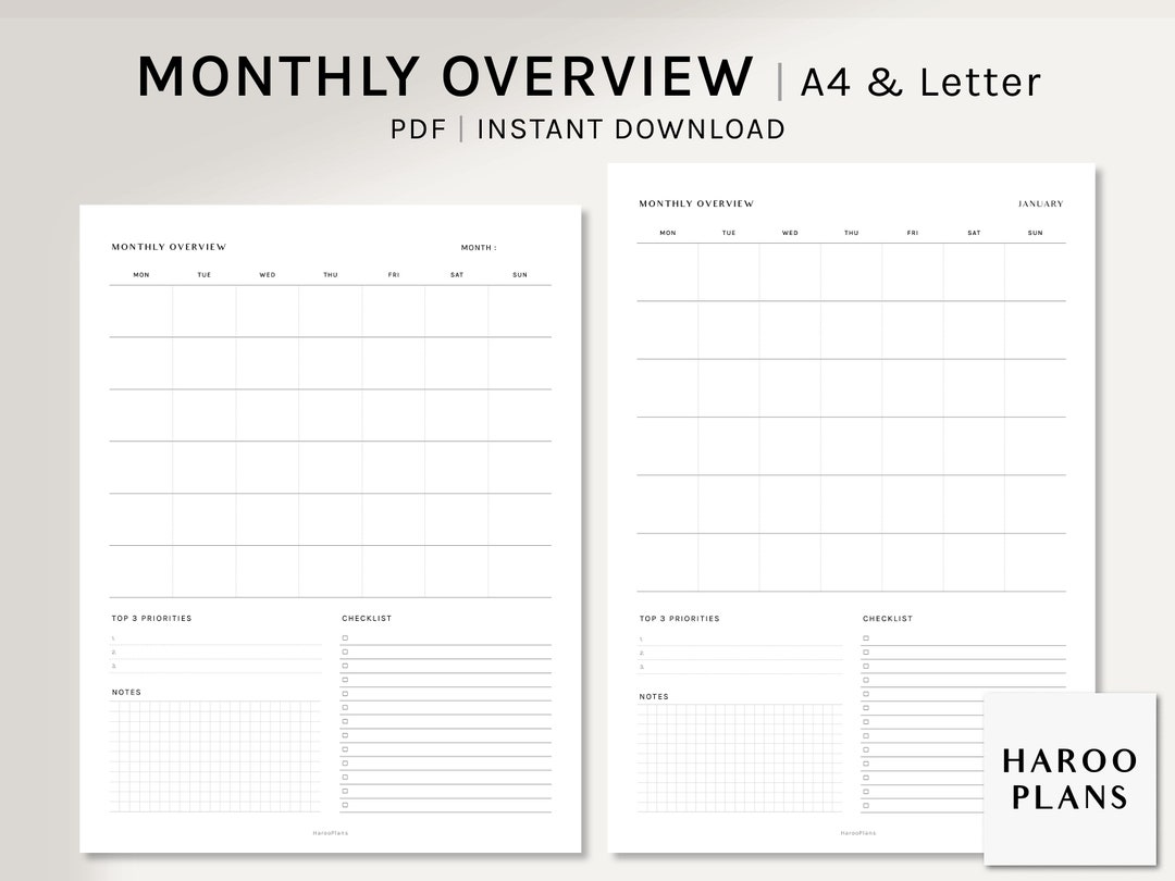Undated Monthly Overview Printable | A4 & US Letter | Calendar ...