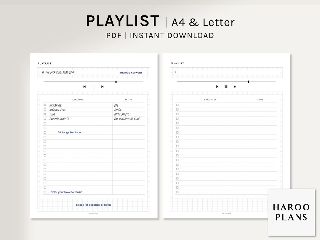 Playlist Sheets A4, US Letter Printable Music Tracker Inserts Podcast ...
