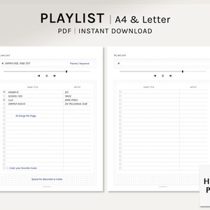 Playlist Sheets A4, US Letter Printable Music Tracker Inserts Podcast ...