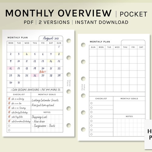 Monthly Planner Pocket Size Printable Inserts MO1P - Etsy