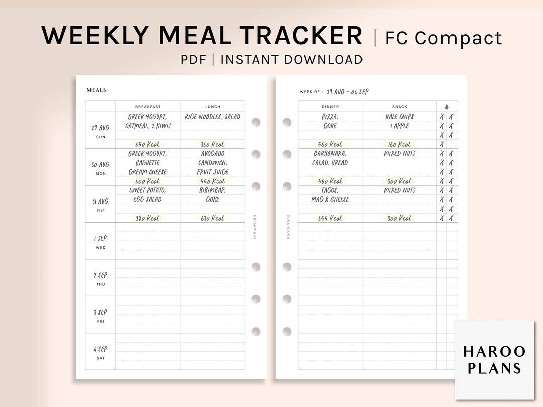 Weekly Meal Tracker | FC Compact Printable Planner Inserts | Diet Food ...
