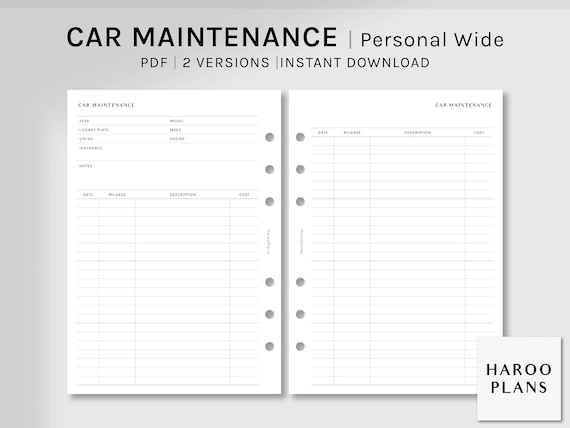 Car Maintenance Personal Wide Printable Planner Inserts - Etsy
