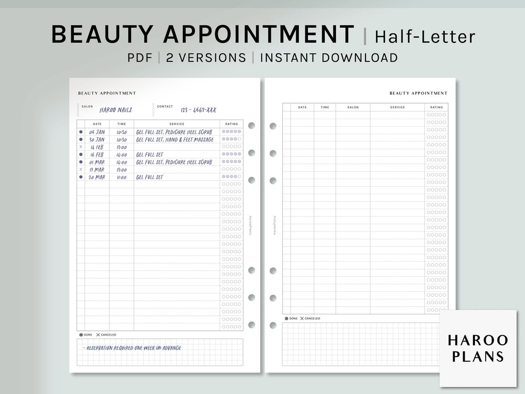 Beauty Appointments Tracker | Half-letter Printable Planner Inserts ...