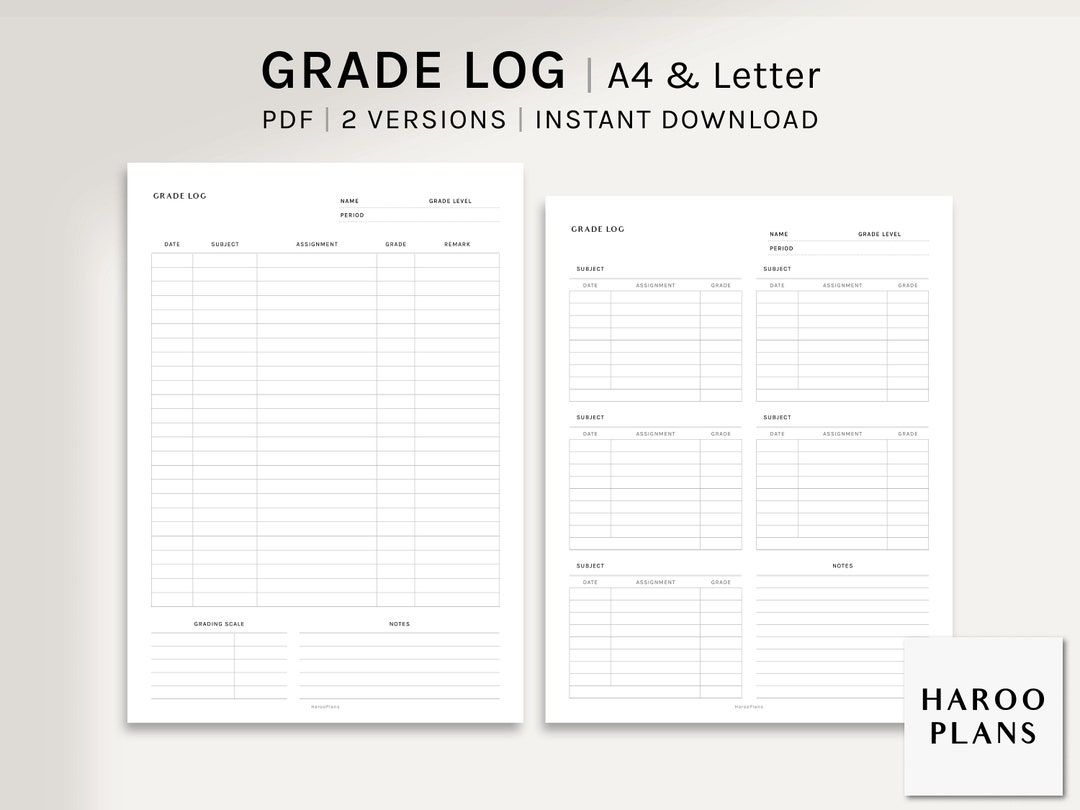 Grade Log Sheet | A4, US Letter Printable Planner Inserts | Homeschool ...