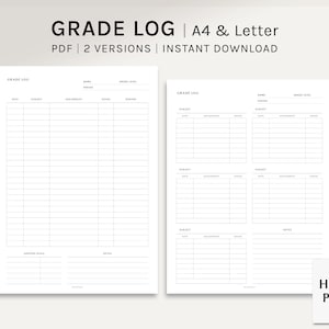 Grade Log Sheet | A4, US Letter Printable Planner Inserts | Homeschool ...