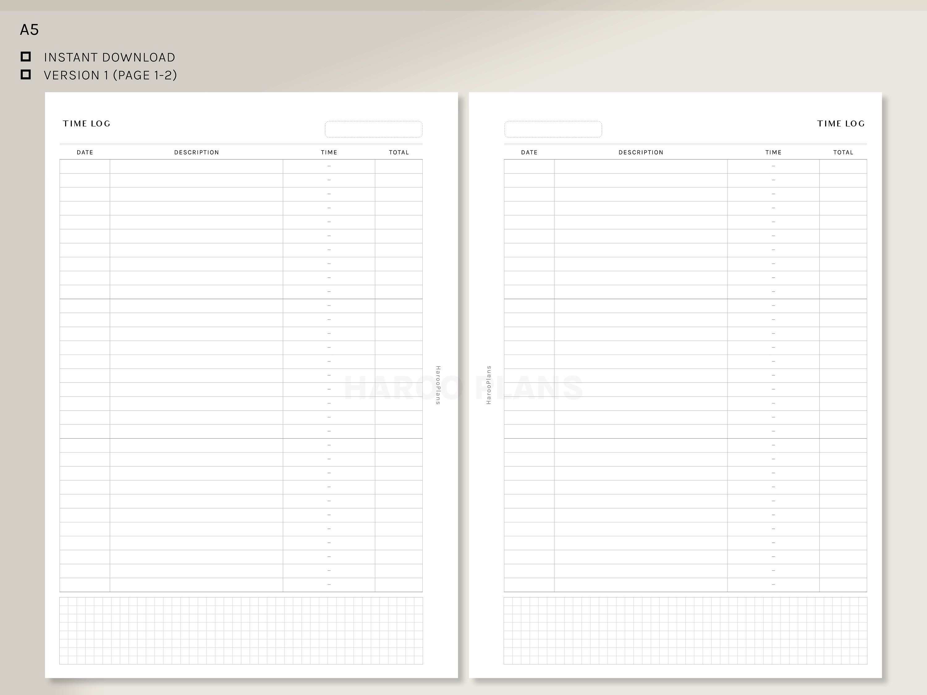 Time Log | A5 Printable Planner Inserts | Work Activity Time Tracker ...