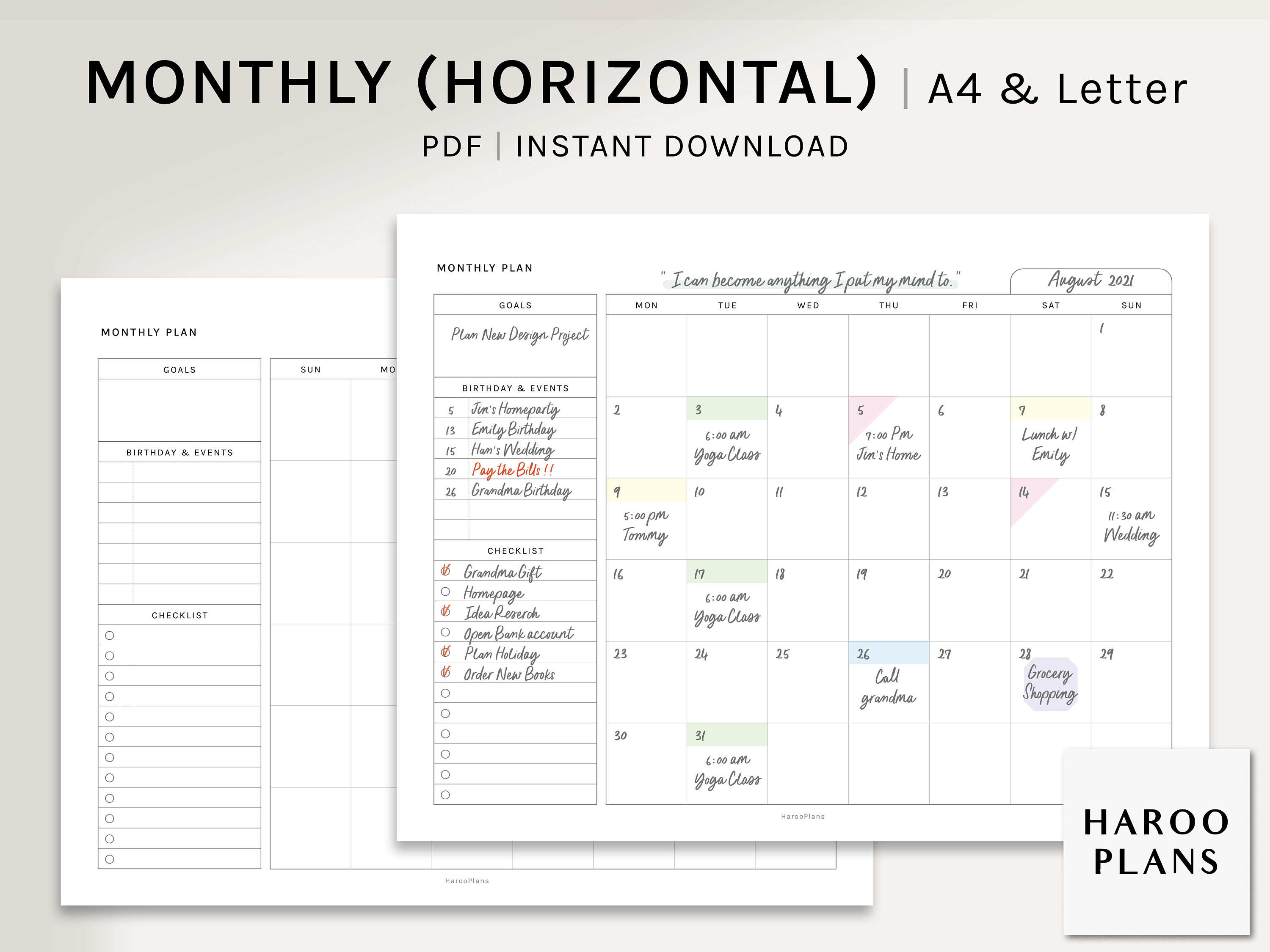 Monthly Planner | A4, US Letter Printable Inserts | MO1P Horizontal ...