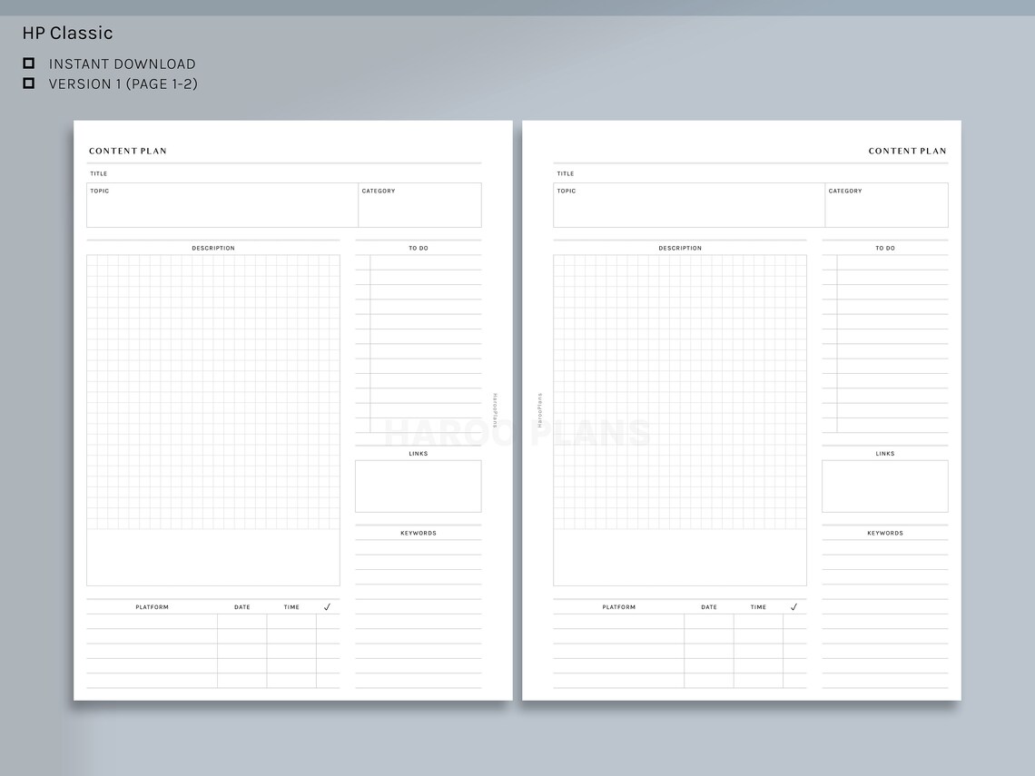Content Planner HP Classic Printable Inserts Social Media | Etsy
