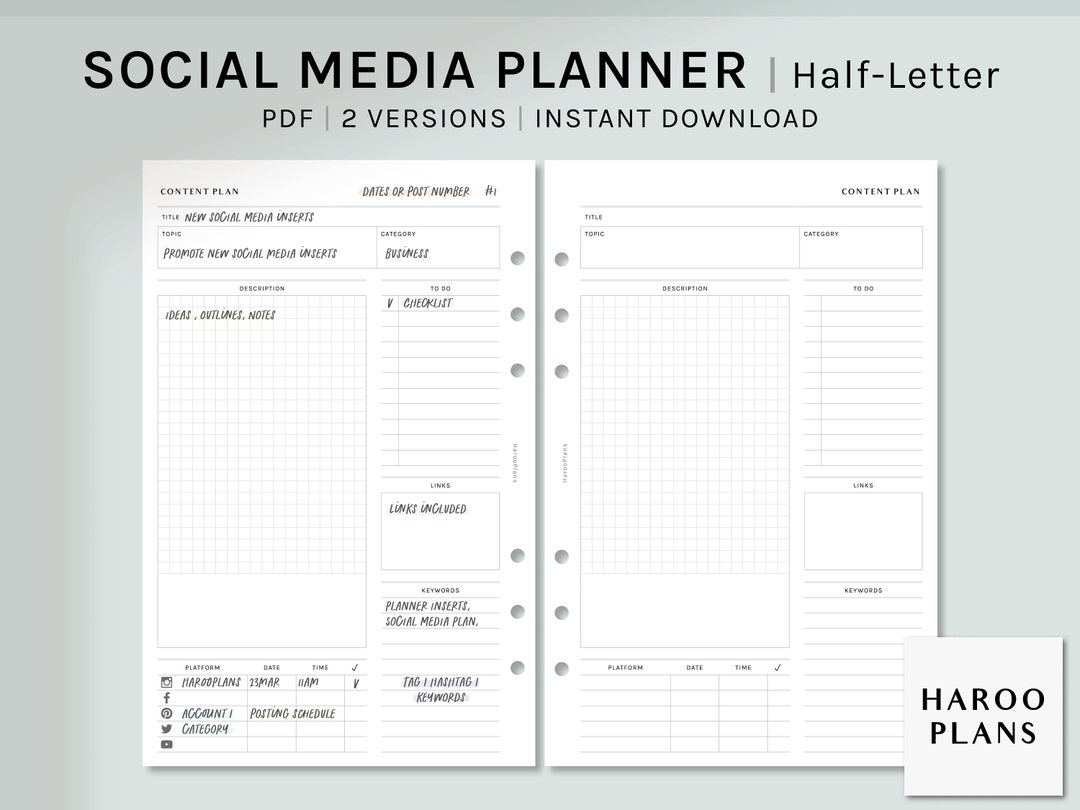 Content Planner | Half-letter Printable Inserts | Social Media Posting ...