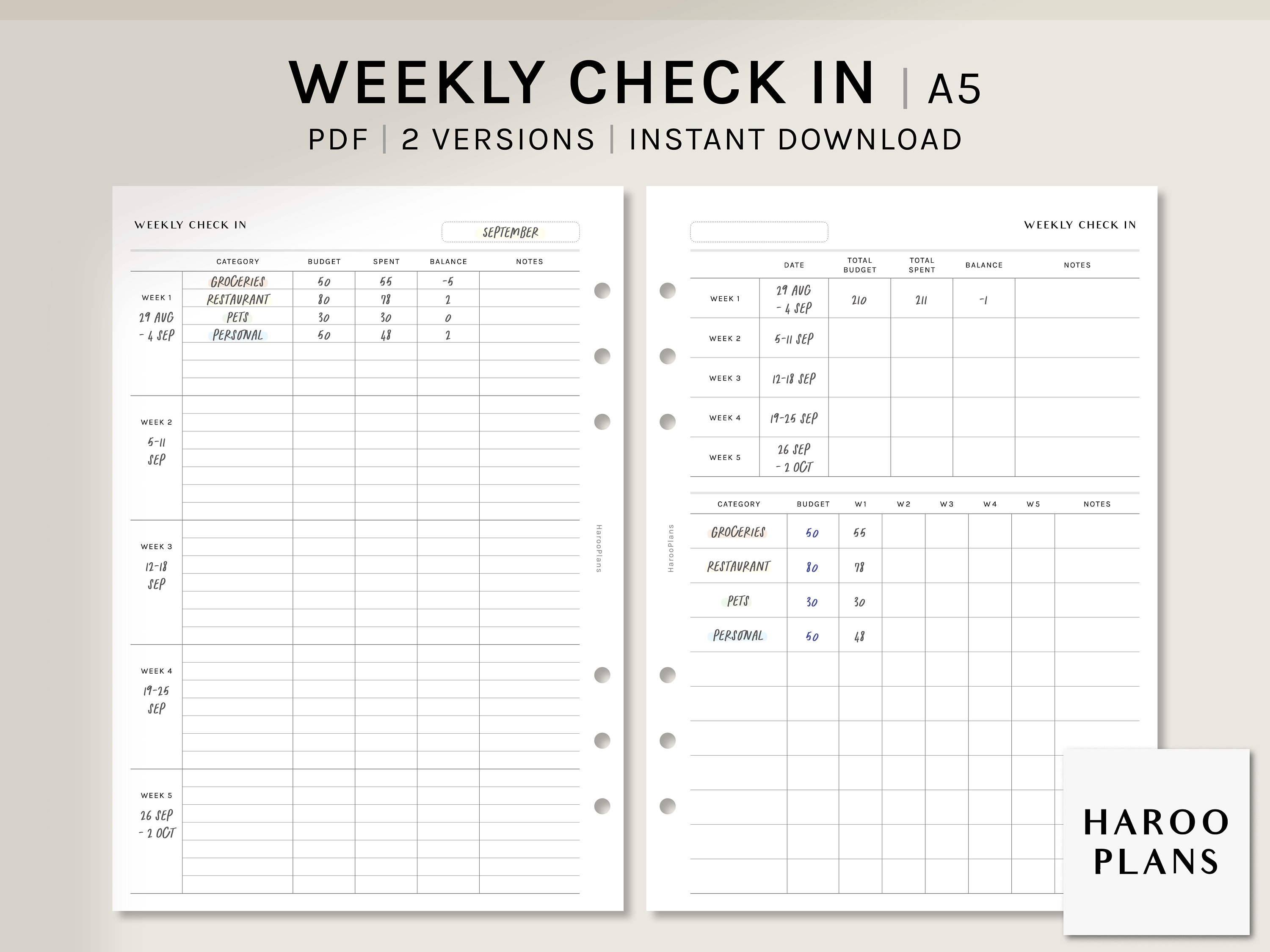 Weekly Budget Check-in A5 Printable Planner Inserts - Etsy
