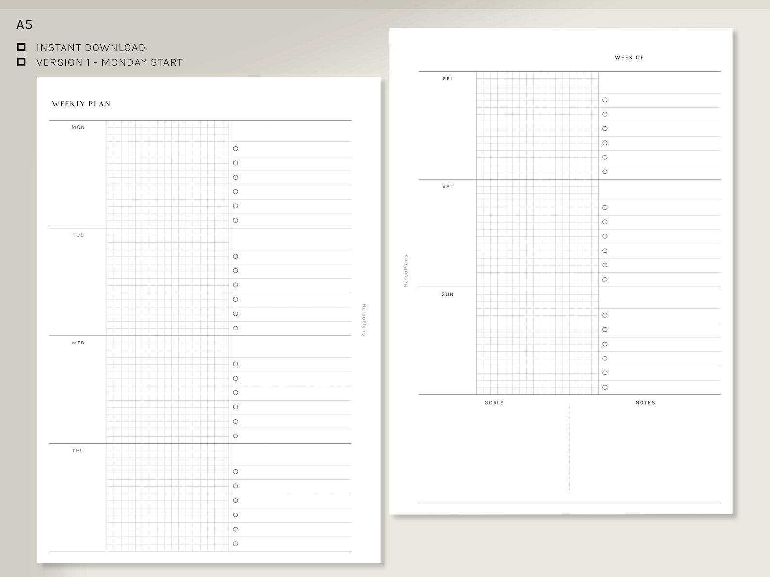 Undated Weekly Planner Printable Inserts A5 Sunday&monday Starts ...