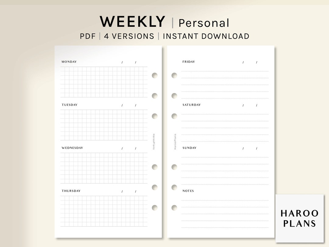 Simple Weekly | Personal Size | Printable Planner Inserts | WO2P ...