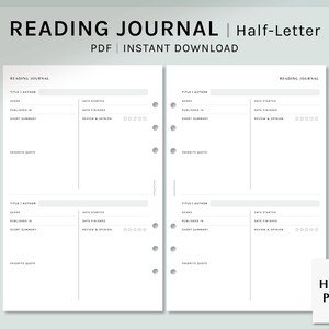 Reading Journal Printable Half-letter Book Notes Template PDF Simple ...