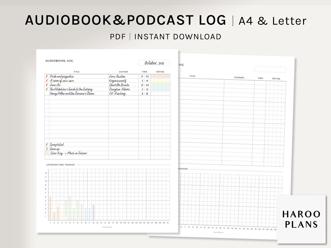 Audiobook and Podcast Log | A4, US Letter Printable Planner Inserts ...