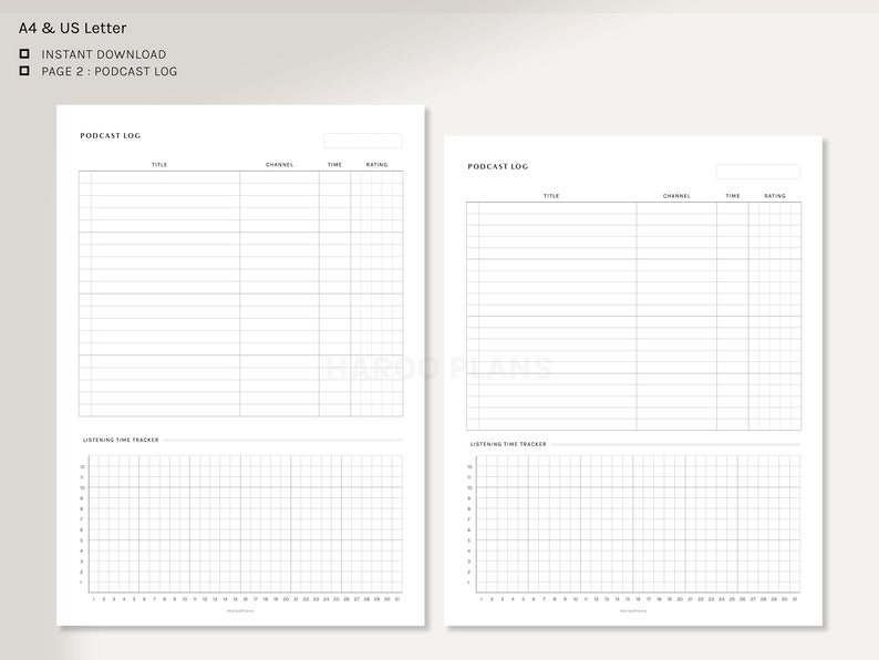 Audiobook and Podcast Log | A4, US Letter Printable Planner Inserts ...