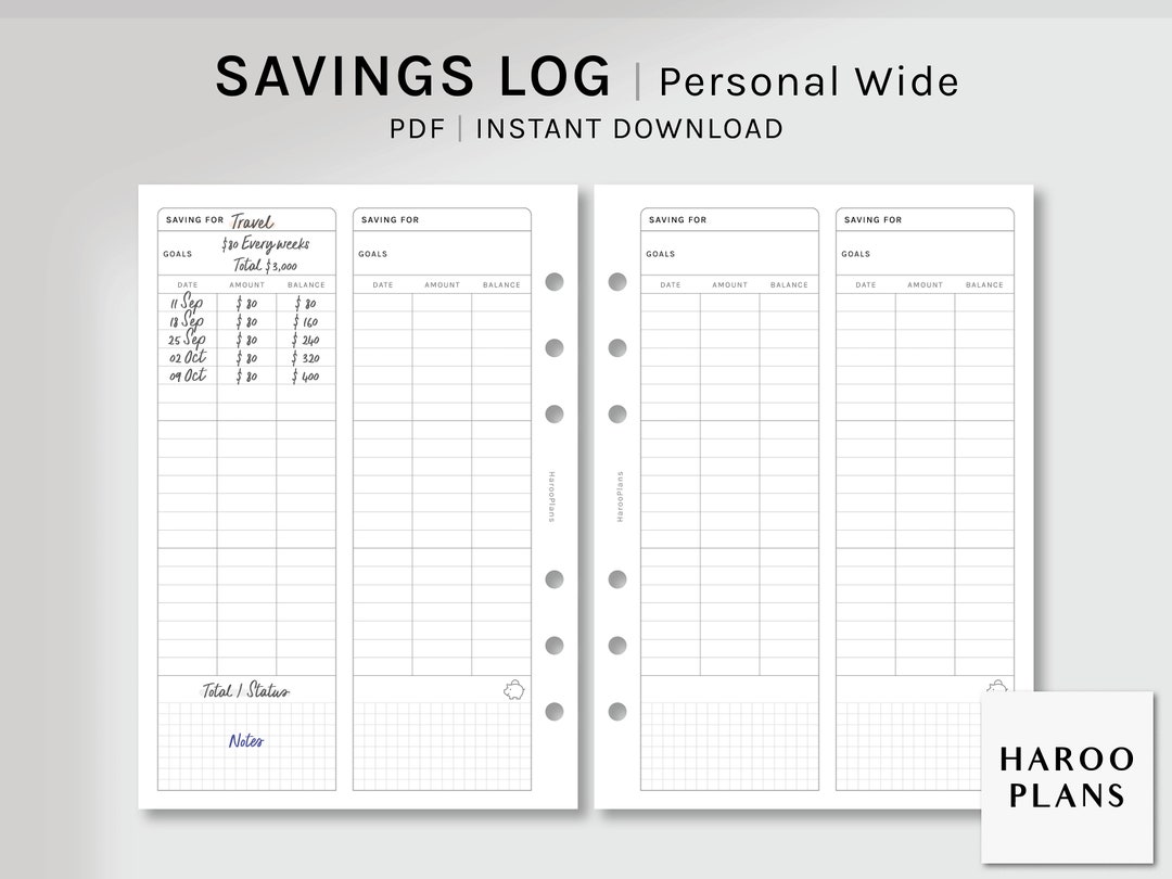 Savings Log | Personal Wide Printable Planner Inserts | Financial ...
