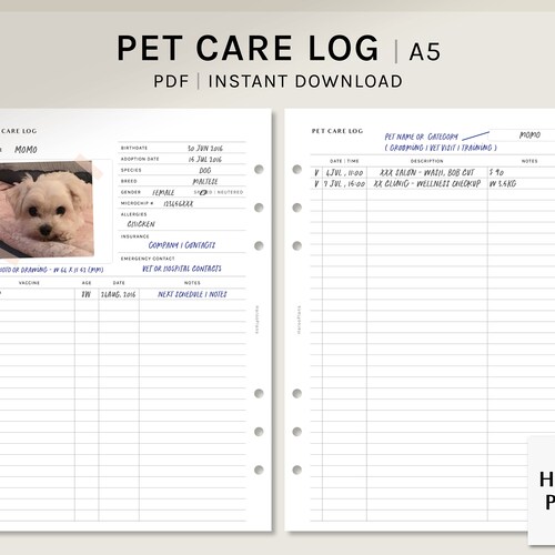 Pet Care Log A5 Printable Planner Inserts Animal Health - Etsy