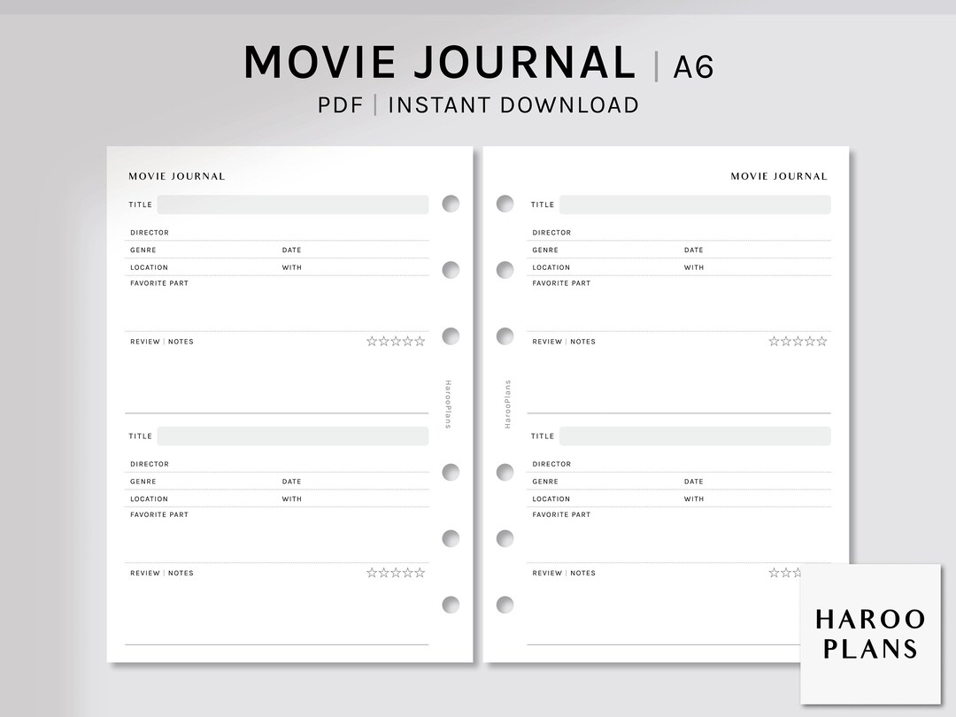 Movie Journal A6 Rings Printable Planner Inserts | Film Log Notes ...