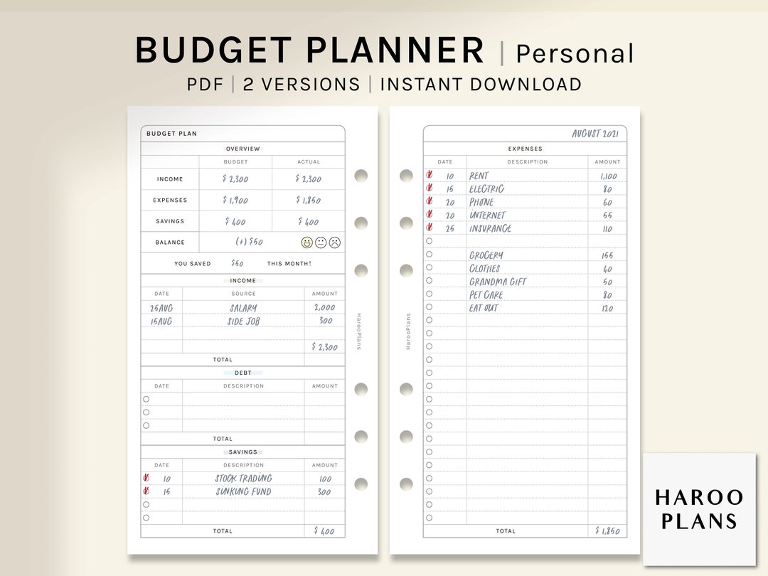 Budget Planner | Personal Size Printable Inserts | Finance Template ...