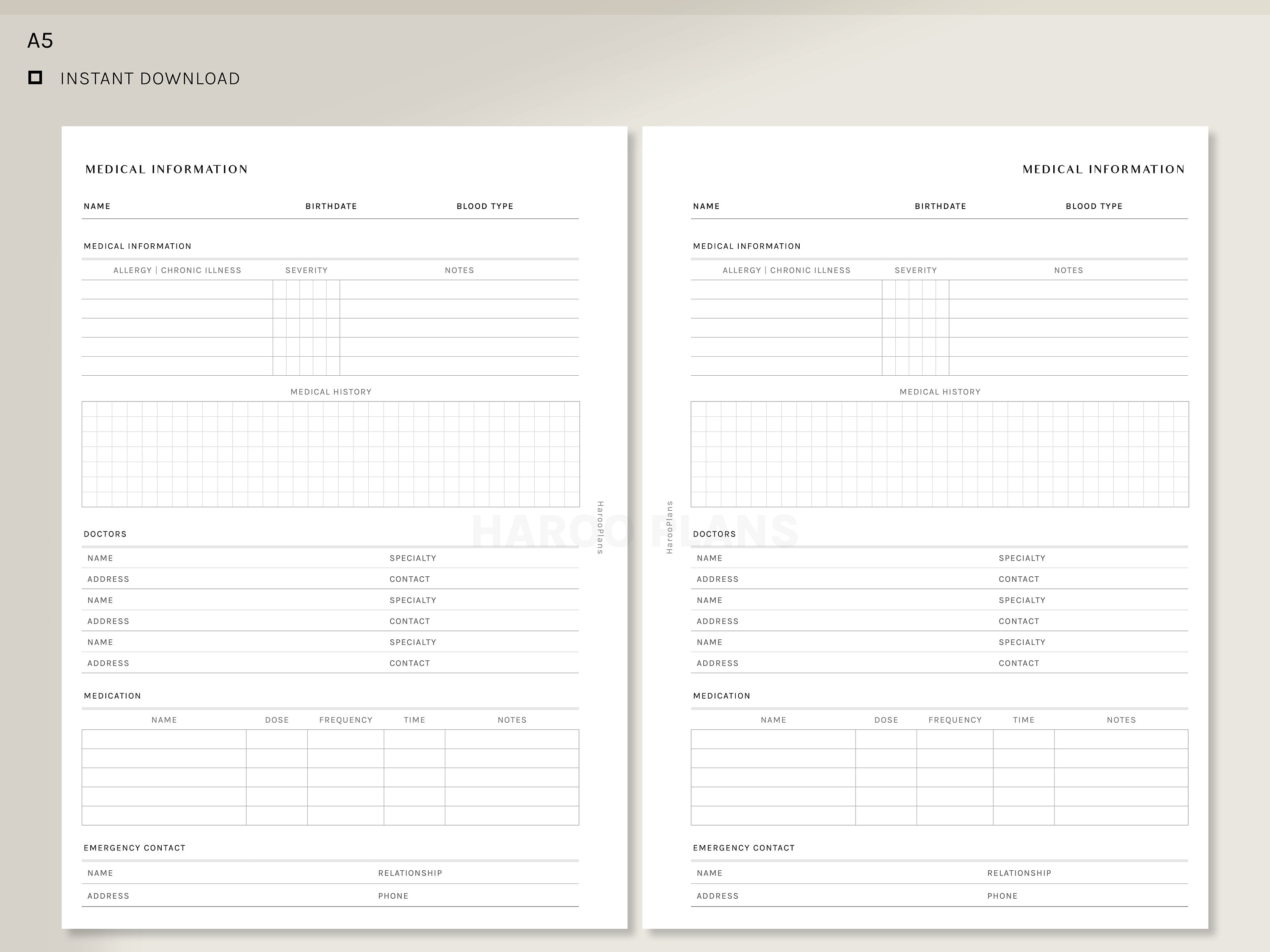 Medical Information Sheet A5 Printable Planner Inserts - Etsy