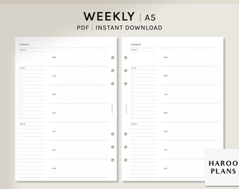 Weekly Planner A5 Printable Inserts Simple Undated WO1P Sheet Template ...