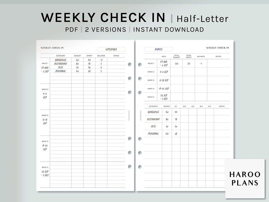 Weekly Budget Check-in | Half-letter Printable Planner Inserts ...