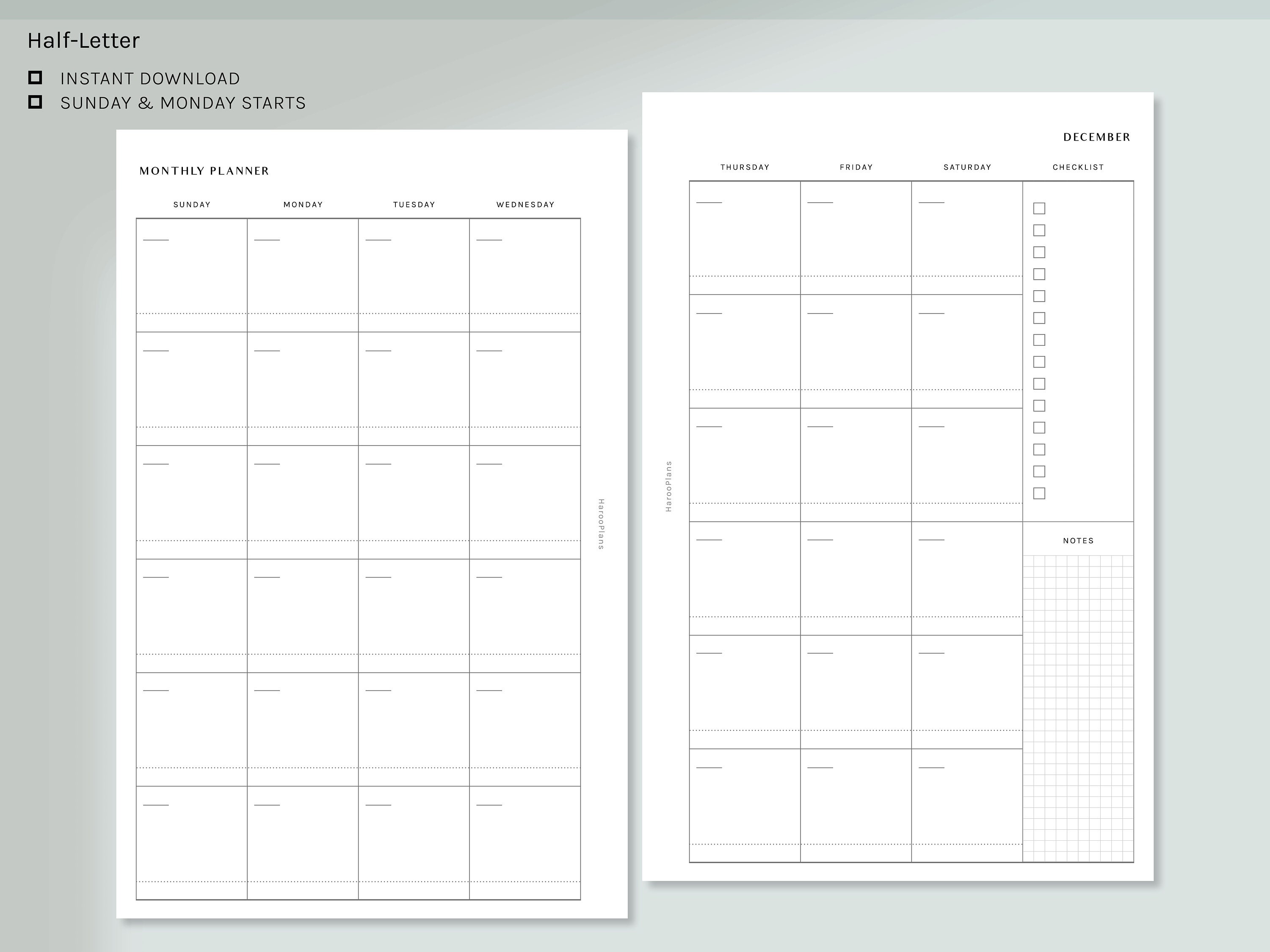 Undated Monthly Printable Planner Inserts | Half-letter | MO2P Template ...