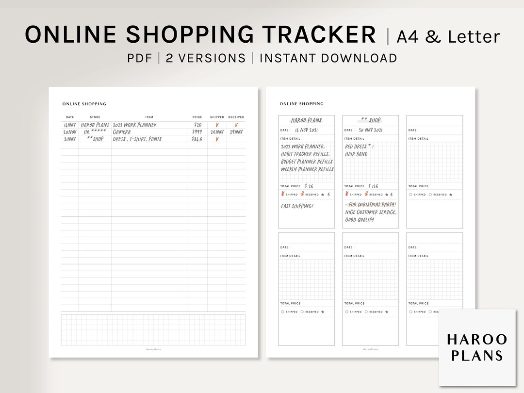Online Shopping Tracker | A4, US Letter Printable Planner Inserts ...