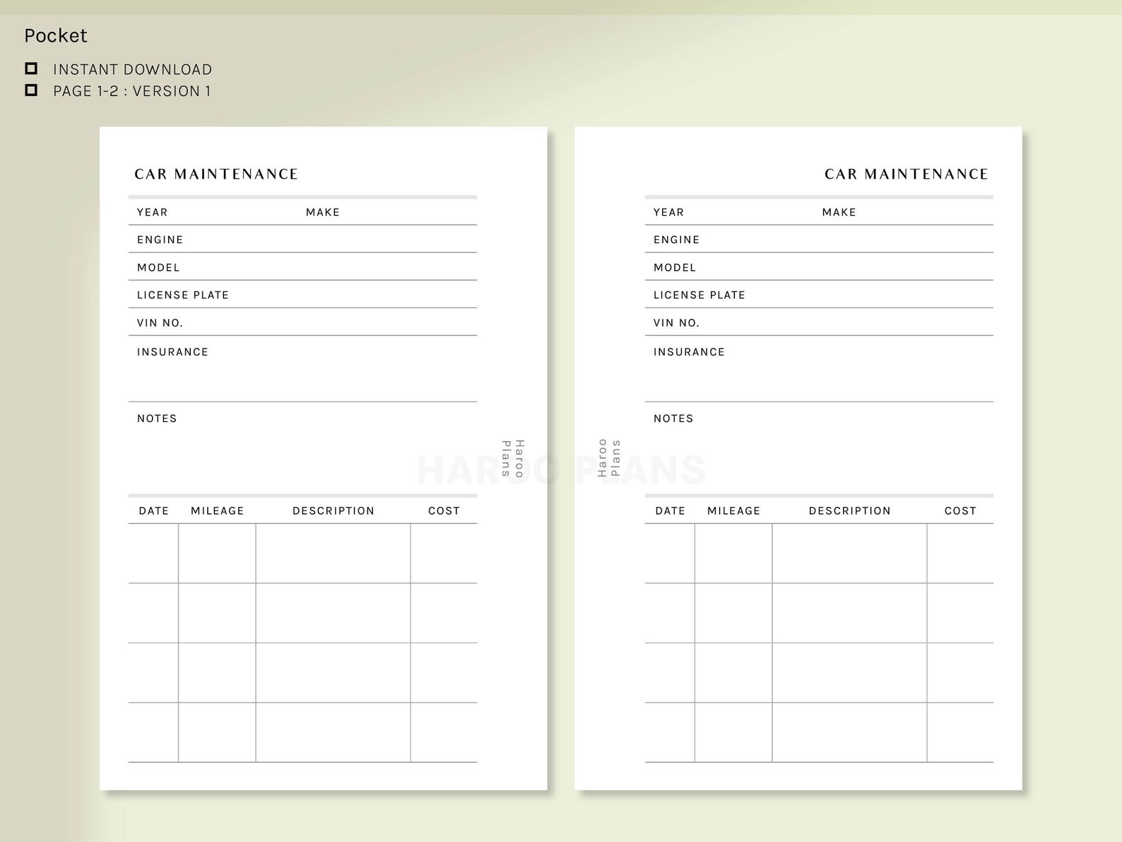 Car Maintenance Pocket Size Printable Planner Inserts Simple Auto ...