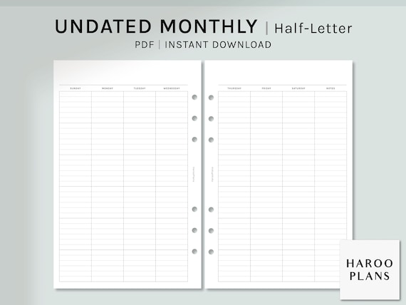 Undated Monthly Half-letter Printable Planner Inserts - Etsy