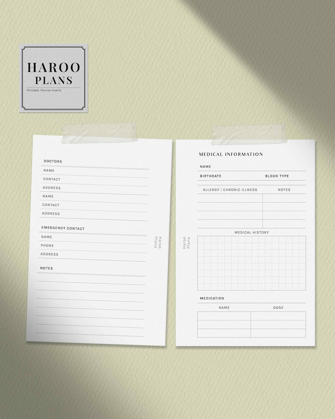 Medical Information | Pocket Rings Printable Planner Inserts | Simple ...