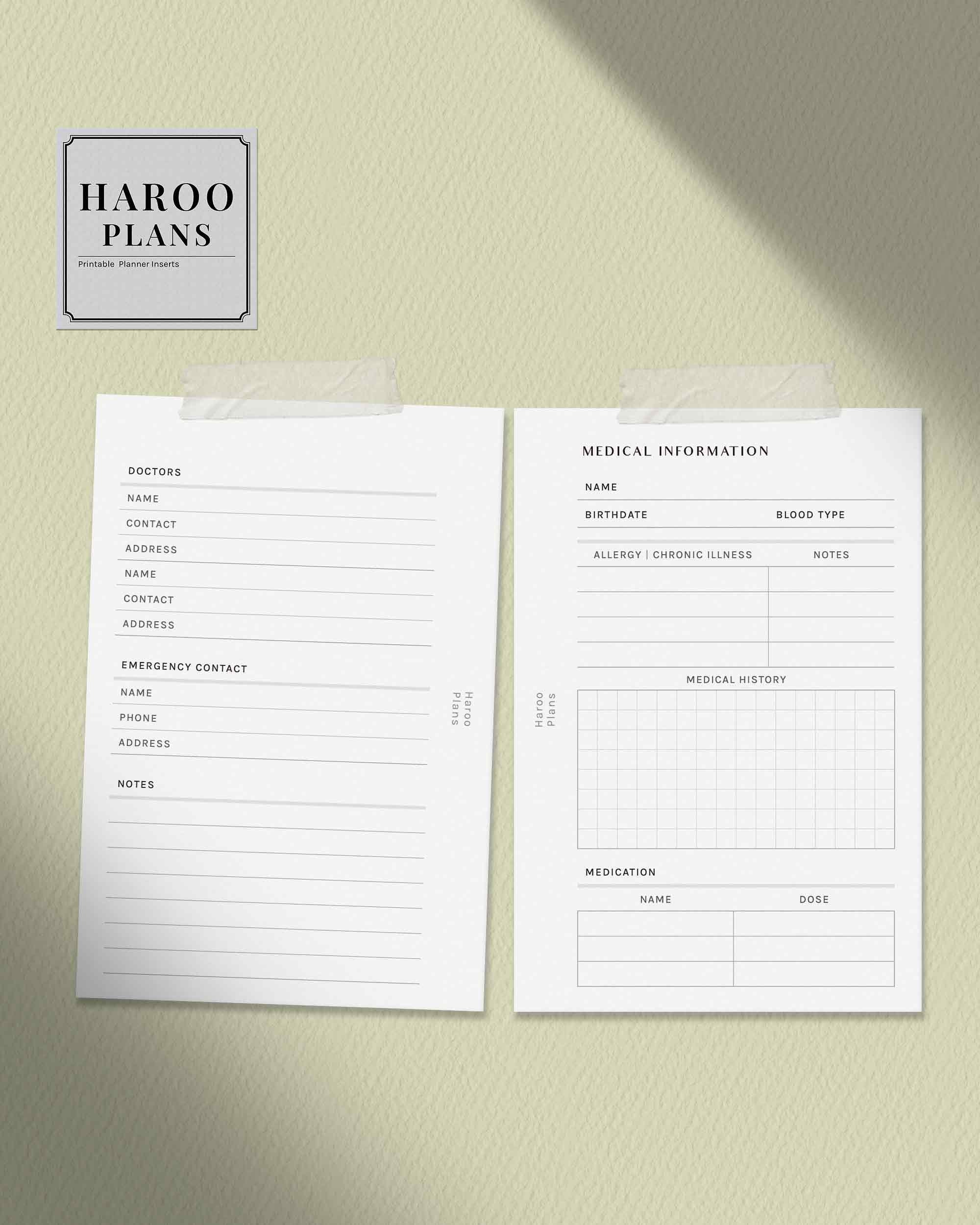 Medical Information | Pocket Rings Printable Planner Inserts | Simple ...