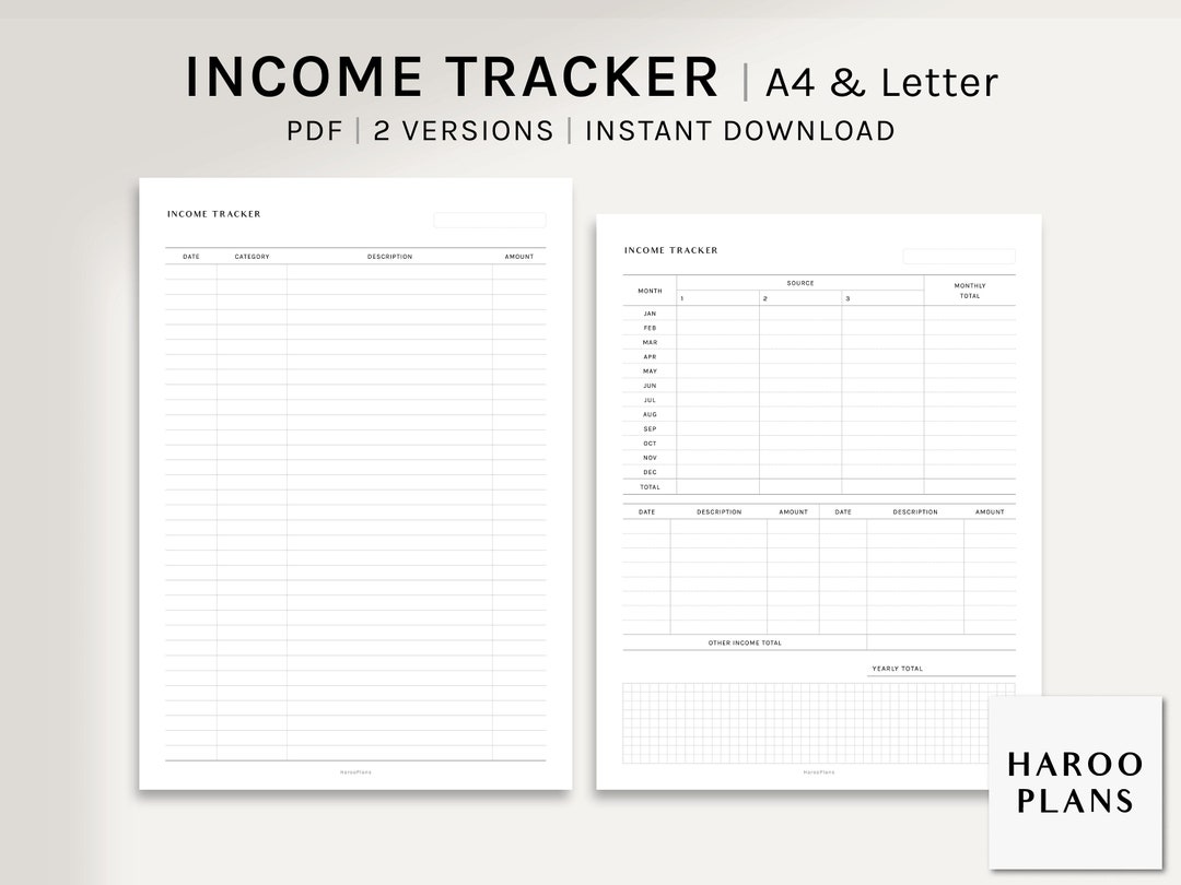 Income Tracker | A4, US Letter Printable Planner Inserts | Money Log ...